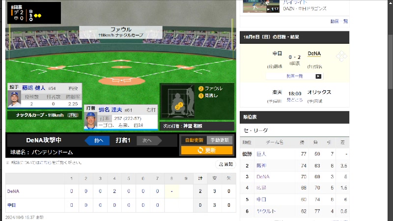 【映像無し】中日 ― DeNA - 2024/10/6(日) 15:36開始 - ニコニコ生放送